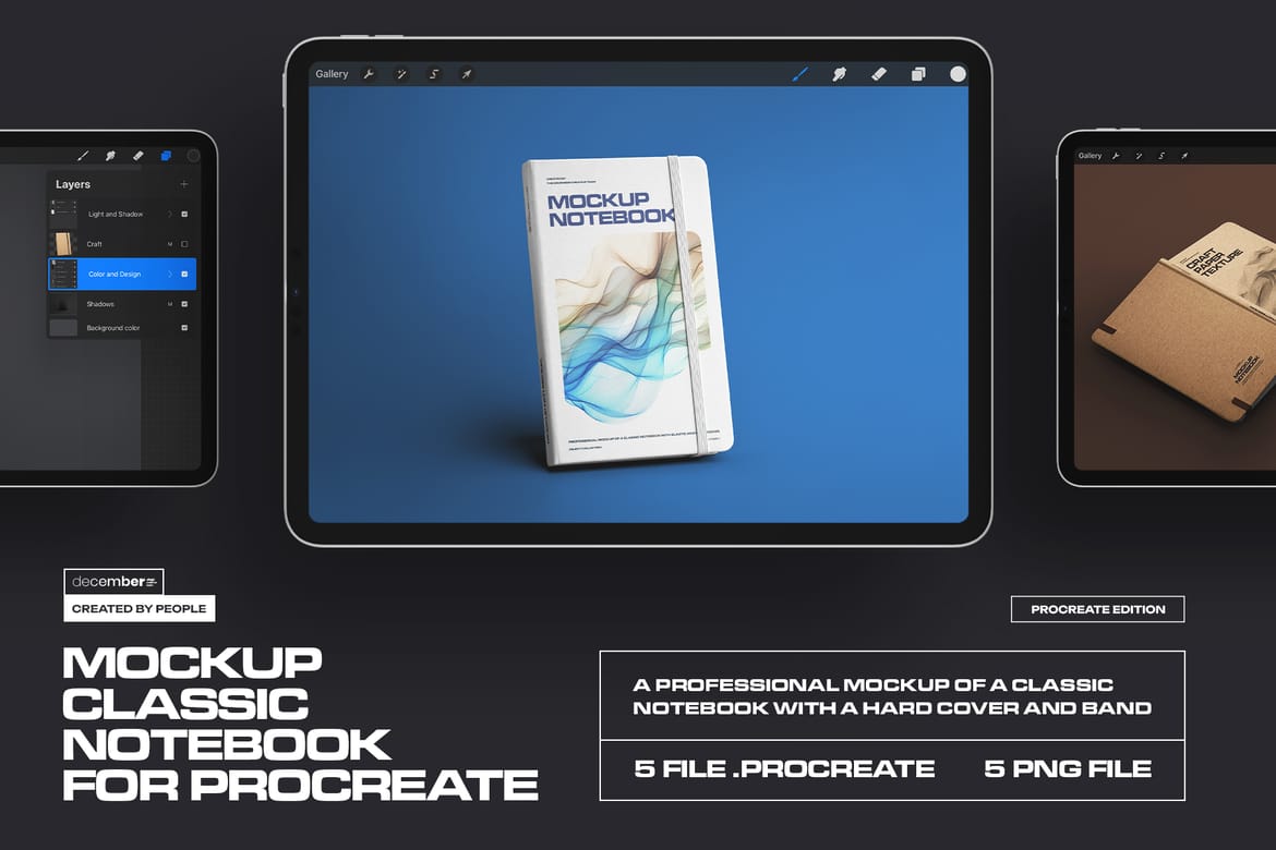 5 Mockups of Classic Notebook with Band and Hard Cover for Procreate on ...