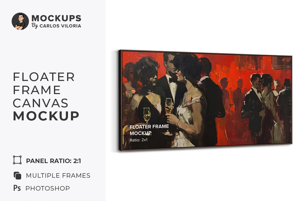 Hanging Landscape Floater Frame Canvas Mockup Ratio 2x1 | Premium ...