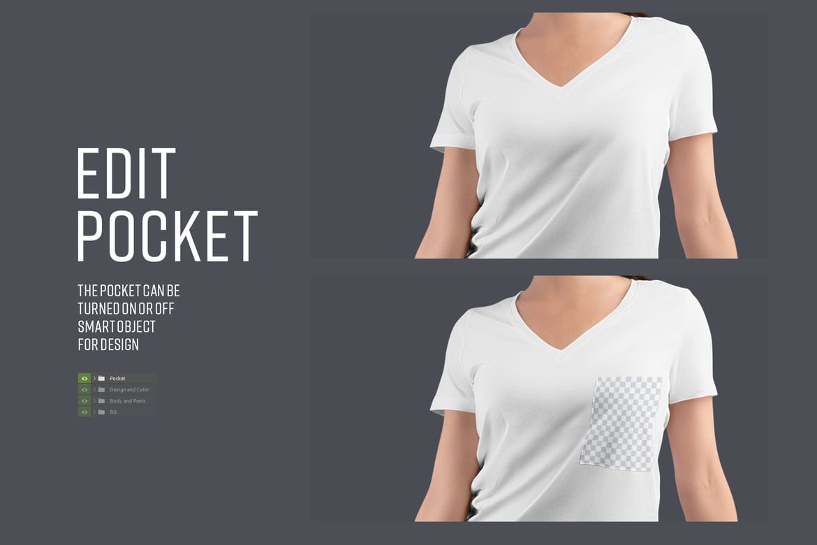 4 Mockup Woman V-Neck T-Shirt with a Chest Pocket | Premium & Free PSD ...
