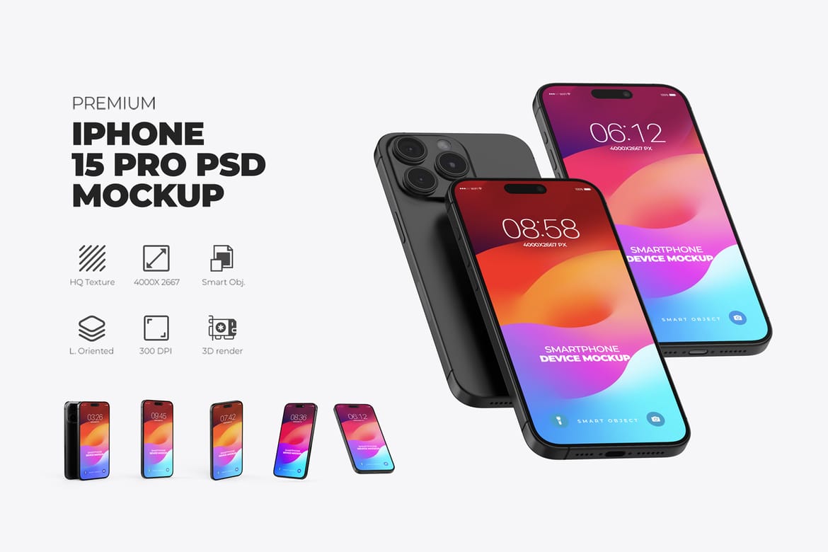 iPhone 15 Pro UI/UX Screen Mockup | Premium & Free PSD Mockup Store