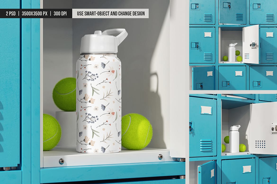 Water Bottle in Gym Locker Mockup | Premium & Free PSD Mockup Store